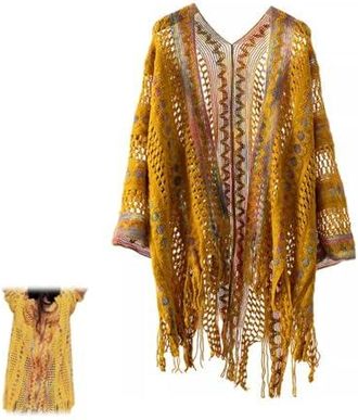 Generic Poncho boh&egrave;me hippie style arc-en-ciel crochet dentelle poncho surdimensionn&eacute; femme tricot vintage ethnique pompon ray&eacute; poncho ch&acirc;le, jaune, Taille un