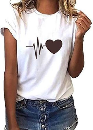 Generic T Shirt Femme Manches Courtes Blanc Coton T-Shirt Manches Courtes Femme Décontracté Col Rond Impression DÉté Base Tee Bluse Élégant Mode Top Chemise C