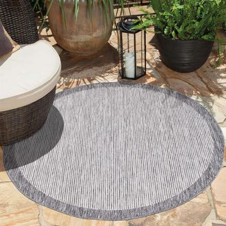 Carpet City Teppich Outdoor Wetterfest - Grau - 160x160 cm Rund - Bordüre - Balkon Teppich Wasserabweisend - In-& Outdoor Teppiche für Terrasse, Garten, Küche, Ba