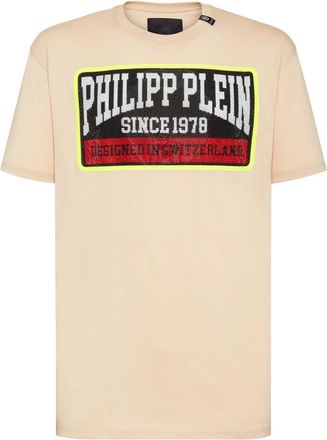 Philipp Plein Homme, Tops, Beige, Taille: 3XL T-shirt en coton avec logo imprim&eacute;