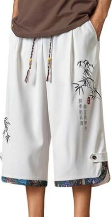 Generic Pantalon Japonais Homme Baggy 3/4 Pantalon Court Taro pour Hommes en Lin Vêtements Kimonos Traditionnels Japonais avec Cordon de Serrage Pantacourt Dé