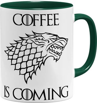 OM3 Coffee is Coming Statement Tasse mit Spruch - Keramik Becher - 11oz 325ml - Beidseitig Bedruckt - Grün