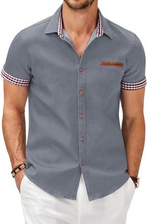 Coofandy Chemise Homme Manches Courtes en Coton - Chemise D&eacute;contract&eacute;e Style Western, Coupe Slim, L&eacute;g&egrave;re et Douce pour &Eacute;t&eacute;/Vacances/Bureau Gris Clair-B 3XL