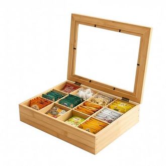 Relaxdays Teebox, 12 F&auml;cher, Bambus, Teebeutel Aufbewahrung, Teekiste mit Sichtfenster, HxBxT: 8 x 28 x 23 cm, Natur