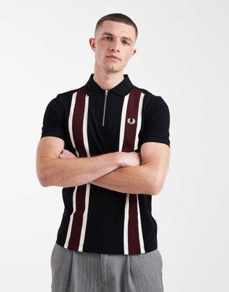 Fred Perry Gestreiftes Polohemd in Schwarz mit Logo und kurzem Rei&szlig;verschluss