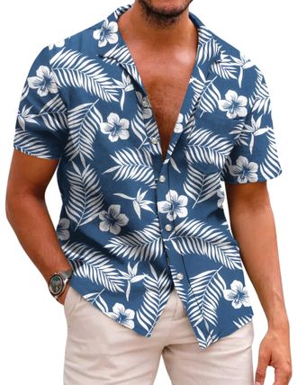 Coofandy Herren-Hawaii-Hemd, kurz&auml;rmelig, l&auml;ssig, mit Knopfleiste, tropisches Strandhemd, Marineblau/wei&szlig;es Blatt, L