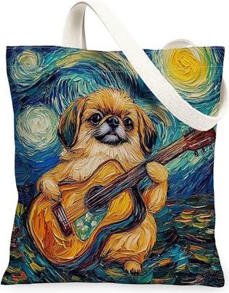Generic Pekingese Sac fourre-tout en toile pour faire du shopping Motif guitare nocturne &eacute;toil&eacute;e 33 x 38 cm Sac &agrave; bandouli&egrave;re r&eacute;utilisable pour femme, animal 