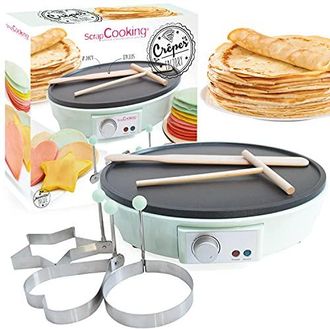 ScrapCooking Crepes Maker - Ø28 Elektrische Crepe-Maschine - Crepe Factory - Pfannkuchen - Mit Antihaft-Heizplatte, Rechen, Spatel & 3 Crepe Art Formen - Wassergrü