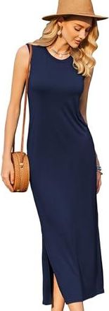 Zeagoo Robe longue dété sans manches pour femme - Col rond - Élégante - Avec poches et fente - Taille S à XXL, Bleu marine, XL