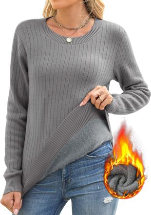 Heekpek Damen Pullover Rundhalsausschnitt Fleece Strickpullover Damen Herbst Winter Warm Winterpullover Elegant Dicker Pullover Mit Fleece, Grau, XL