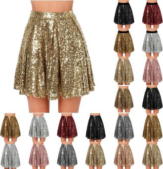 Generic Glitzer Rock Damen Silber Pailletten Rock Gold Metallischer Faltenrock Damen Metallic Rocke Pailletten Glitzer Mini Pailettenrock Elastische Taille Ku