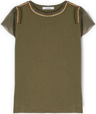 Motivi Femme, Tops, Vert, Taille: 38 FR T-shirt avec manches en tulle et broderie de bijoux
