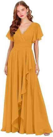 Generic Robe de demoiselle dhonneur en mousseline de soie &agrave; col en V pour femme, robe de soir&eacute;e formelle &agrave; manches flottantes avec fente, jaune moutarde, 52 G