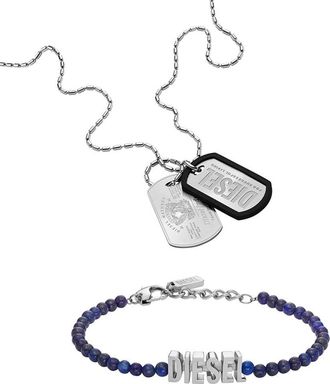 Diesel Herren Font Halskette und Armband aus silberfarbenem Edelstahl, Set