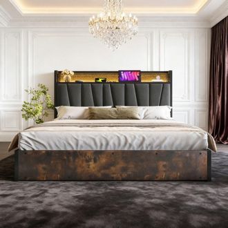 Generic Metallbett 140x200 cm mit APP-Steuerung & USB-Ladefunktion - Grau mit LED-Beleuchtung & Holzlattenrost - Doppelbett ohne Matratze