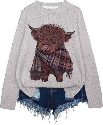 Generic 2026 Printemps Imprim&eacute; Animal Pull Pull Confortable D&eacute;contract&eacute; Col Rond Tricot Haut Doux Chaud Mode Automne Hiver Usage Quotidien Col Roul&eacute; Confortab