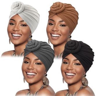 Dreshow 4 Pi&egrave;ces Turban Africain pour Femme Bonnet Pr&eacute;-nou&eacute; Bonnet Chimio Casquette de Perte de Cheveux Chapeau