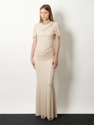 Self Portrait Womens Maxi Dress Rhinestone Trim Beige Polyester