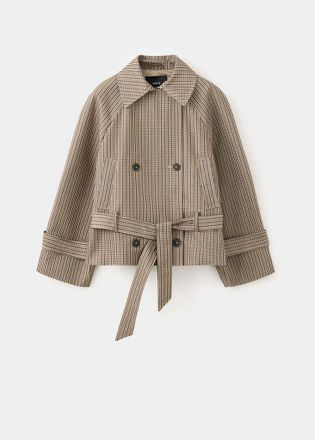 Mango Trench court &agrave; carreaux ceinture beige - Femme - XXS - MANGO