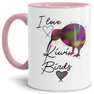 Tassendruck Keramik Tasse mit Spruch - Kiwi Tasse - I Love Kiwi Birds - Geschenkideen f&uuml;r Familie, Freunde und Kollegen - Innen & Henkel Rosa, 300 ml