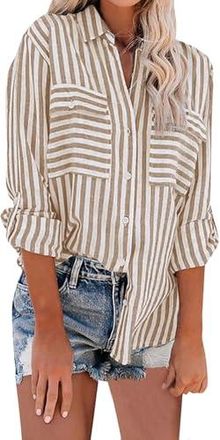 Generic Chemise rayée à manches longues pour femme - Haut décontracté à rayures boutonnées - Manches longues - Col en V - Avec poches - Chemises à carreaux po
