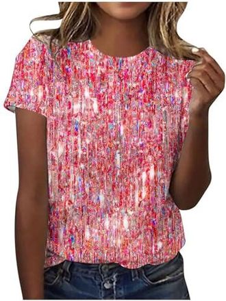 Generic Hauts scintillants pour femme - Chemises &agrave; manches courtes d&eacute;contract&eacute;es et tendance - Haut &agrave; paillettes - Haut &agrave; paillettes - Grande taille - T-shirt