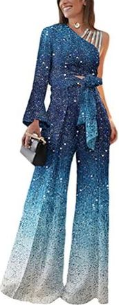 Onsoyours Combinaison Jumpsuit Femme Manches Longues Jumpsuit Playsuit Combishorts Impression Couleur Unie Overalls Rompers Décontractées pour Dame A Bleu XXL