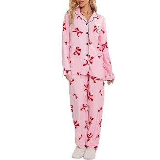 Generic Pyjama imprim&eacute; avec noeud pour femme, short avec poche &agrave; boutons, style mignon, rose, XL