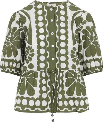 Farm Rio Farm Rio, Femme, Blouses et Chemises, Vert, Taille: 38 FR Palermo Floral Cotton Drawstring Waist Button-Up Shirt