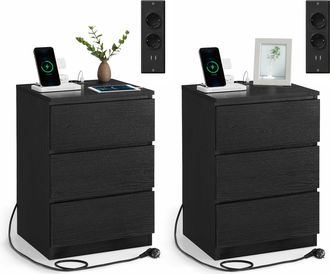 Vasagle Kailyn Kollektion - Nachttisch mit Steckdosenleiste, 2er Set, Beistelltisch, 3 Schubladen, 2 AC-Steckdosen, 2 USB-A-Anschl&uuml;sse, modern, ebenholzschwar