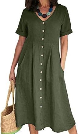 ORANDESIGNE Robes en Lin Femmes Col en V Robes de Plage Couleur Unie A-Ligne à Manches Courtes Robe Longue Boho Robe dété Midi Dress Grande Taille D Armée Verte 3