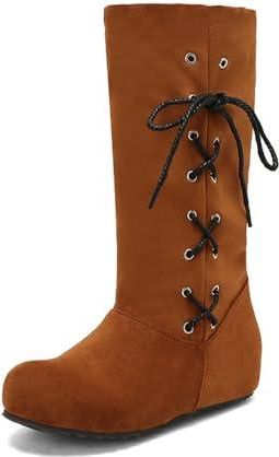 Generic Bottes mi-mollet plates et souples pour femme - Bout rond caché - Talon bas - À enfiler - Style décontracté - Pour équitation, marche, hiver, marron, 