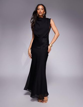 Asos Robe longue avec empi&egrave;cement en satin avec encolure montante - Noir