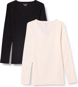 Amazon Essentials Damen Mehrlagige Slimt-Fit-Langarm-Strickhemden mit Rippstrick und V-Ausschnitt (In Übergröße Erhältlich), 2er-Pack, Eierschalenweiß/Schwarz, XL Große