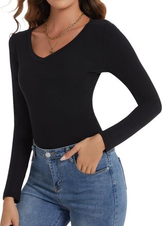 Joyshaper Damen V-Ausschnitt Langarmteeshirt Langarm Unterhemd Basic Langärmeliges T-Shirt mit Rundhalsausschnitt für Dame Schwarz 2XL