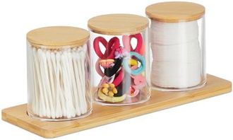 Relaxdays Wattestäbchenbehälter mit Tablett, 3 Becher m. Deckel, Kosmetik Organizer Kunststoff/Bambus, transparent/natur