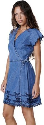 Kor&ouml;shi Robe courte Chambray effet denim avec d&eacute;collet&eacute; crois&eacute;, manches volants et broderies florales en bleu fonc&eacute; pour femme, bleu, Medium