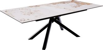 DELIFE Esszimmertisch Edge Keramik Minas Melange Wei&szlig;-Beige 180-220x100 Kreuzgestell Rechteck Schwarz ausziehbar