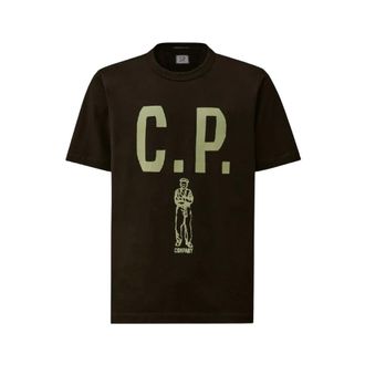 C.P. Company C.p. Company, Homme, Tops, Noir, Taille: XL T-shirt Jersey Torsadé avec Impression Unique