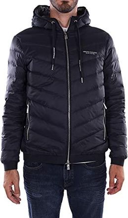 A|X Armani Exchange Hooded Quilted Down Milano/New York Logo Zip Up Jacket Veste, Bleu Marine/Gris chin&eacute;, XXL Homme