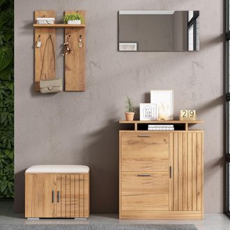 Merax Flurgarderobe Garderobenschrank Flur, Wandgarderobe Garderobenset mit Schuhbank und Schuhschrank, 1 Spiegel, 4 Haken, 5 T&uuml;ren, Naturholzfarbe, 140&times;35&times;