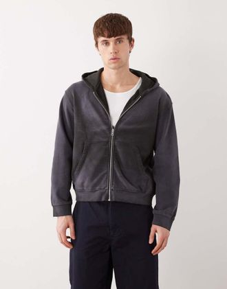 Weekday Sweat &agrave; capuche zipp&eacute; effet r&eacute;tr&eacute;ci - Noir d&eacute;lav&eacute;