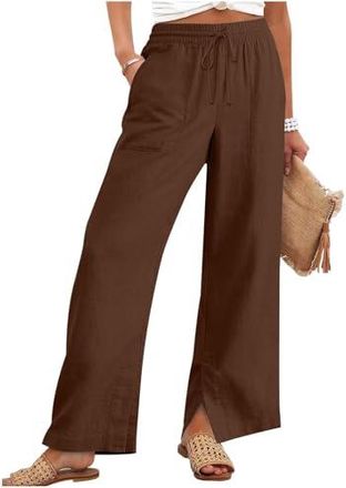 Generic Pantalon Palazzo en coton et lin pour femme - Taille haute &eacute;lastique - Coupe ample - Jambe large - Avec poches - V&ecirc;tements d&eacute;t&eacute; d&eacute;contract&eacute;s, caf&eacute;, 3X