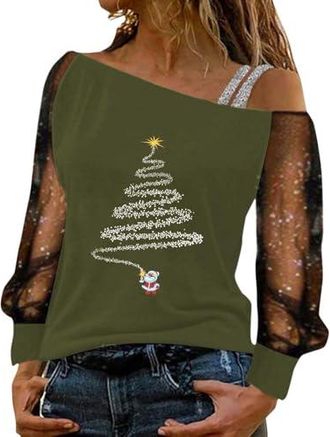 Generic Haut Femme Chic Chemisier Blouse &Agrave; Manches Longues Transparentes T-Shirt Paillettes Mode Mesh Chic &Eacute;paules D&eacute;nud&eacute;es Chemisier No&euml;l Haut Tops Pullover 