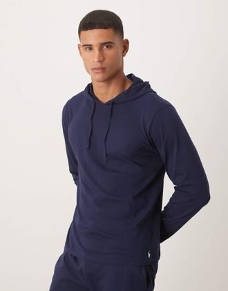 Polo Ralph Lauren Langärmliges Lounge-Oberteil in Marineblau mit Markenlogo und Kapuze, Kombiteil