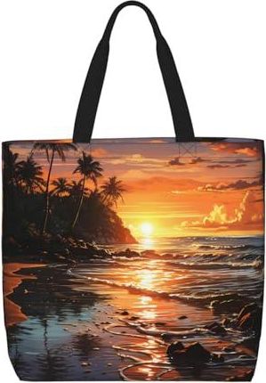 Generic Cocotiers Et Lever De Soleil Sac Courses R&eacute;utilisable Tote Bag Grand Sac A Main Femmes Pour Plage Travail Gym