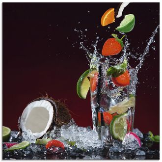 Artland ARTland Wanddeko Glasbilder Wandbild Glas Bild einteilig 50x50 cm Quadratisch Fr&uuml;chte im Wasser Cocktails Frucht Bar Erdbeere Limette Kokosnuss Sommer