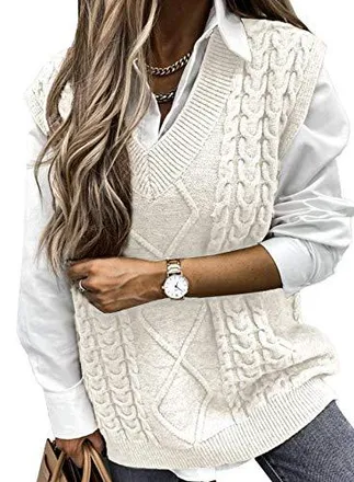 Minetom Pull sans Manche Col V Femme Gilet en Tricot Automne Hiver D&eacute;bardeurs Chandail Oversize Bureau Pull-Over Tops Hauts A Beige 38