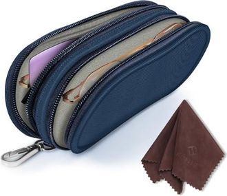 Fintie Double étui à lunettes de soleil, pochette à lunettes portable souple avec mousqueton, double compartiments à fermeture éclair pour homme et femme, no