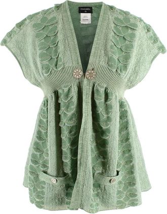 Chanel Mint Green Metallic Woven Petal Applique Top Size M